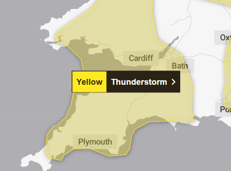 Met Office updates yellow thunder warning for all of Devon